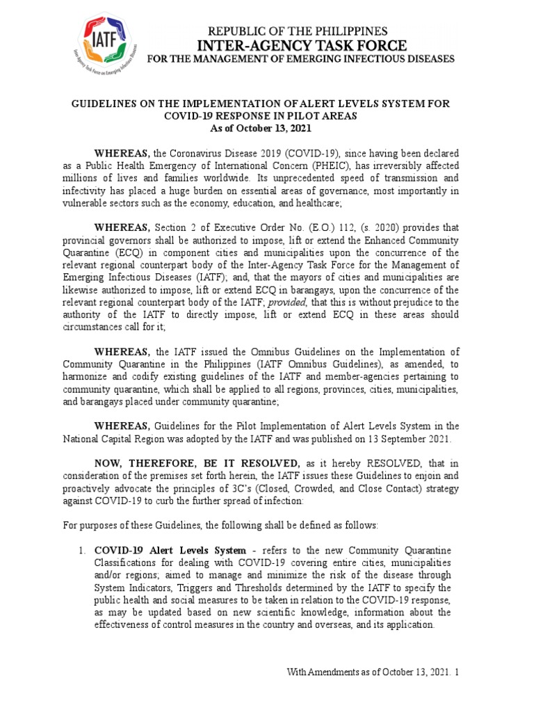 Guidelines On Alert Levels System For Covid 19 Response October 13 2021 ...
