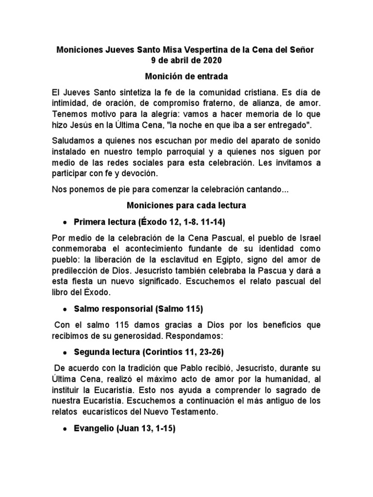 Moniciones Jueves Santo Misa Vespertina de La Cena Del Señor | PDF | Misa (liturgia) | eucaristía