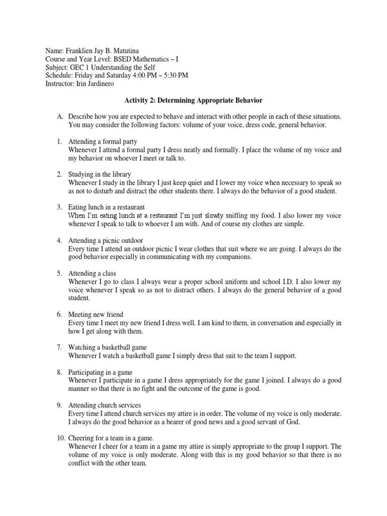 Franklien Jay Matutina - Activity 2 Determining Appropriate Behavior ...