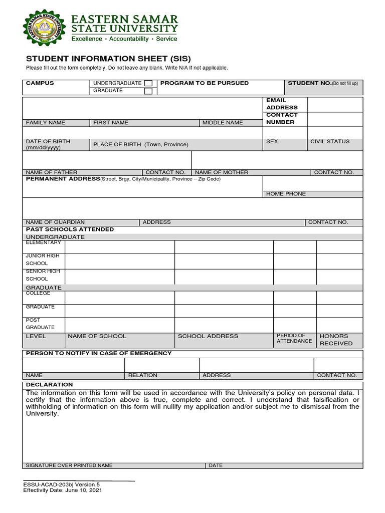 Student Information Sheet (Sis) | PDF