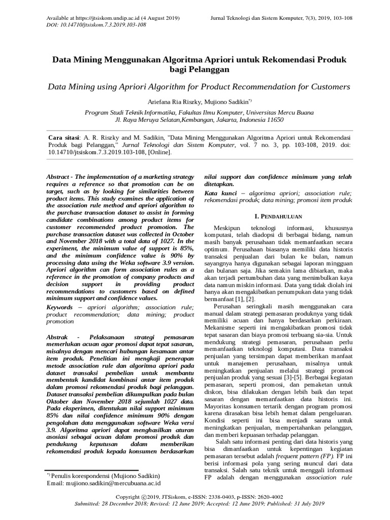Data Mining Menggunakan Algoritma Apriori Untuk Rekomendasi Produk ...