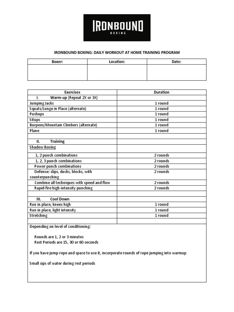 Ironbound Boxing Daily Workout From Home Training Plan | PDF