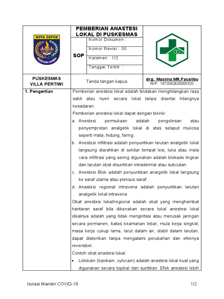 Sop Pemberian Anastesi Lokal Di Puskesmas | PDF