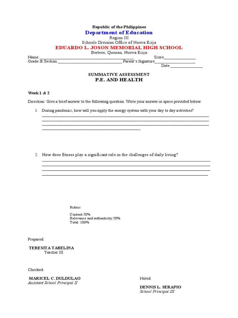 Pe and Health Summative | PDF | Physical Education | Cognition