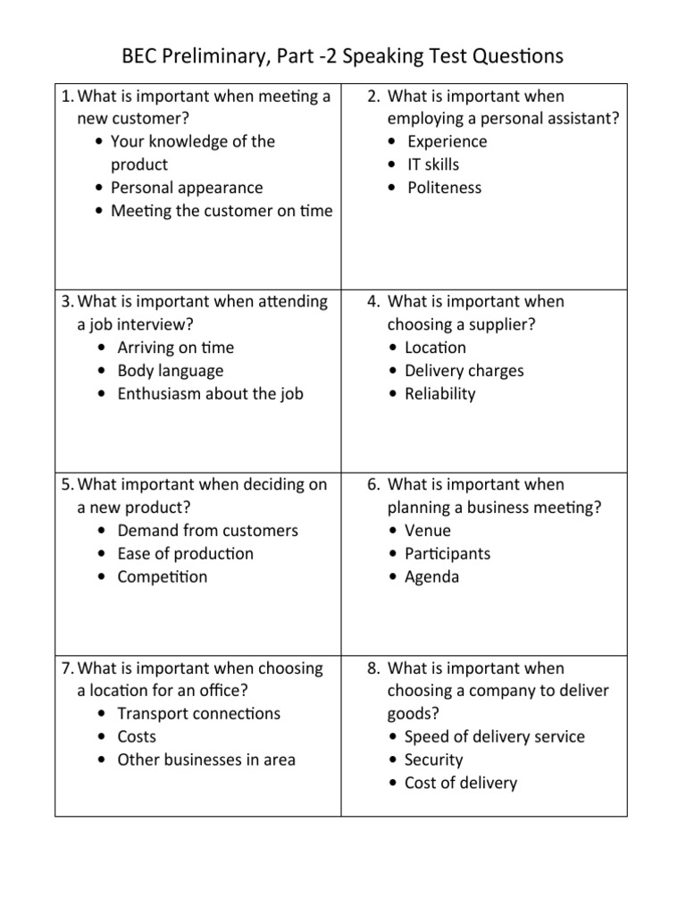 BEC Preliminary, Part - 2 Speaking Test Questions | PDF | Employment ...