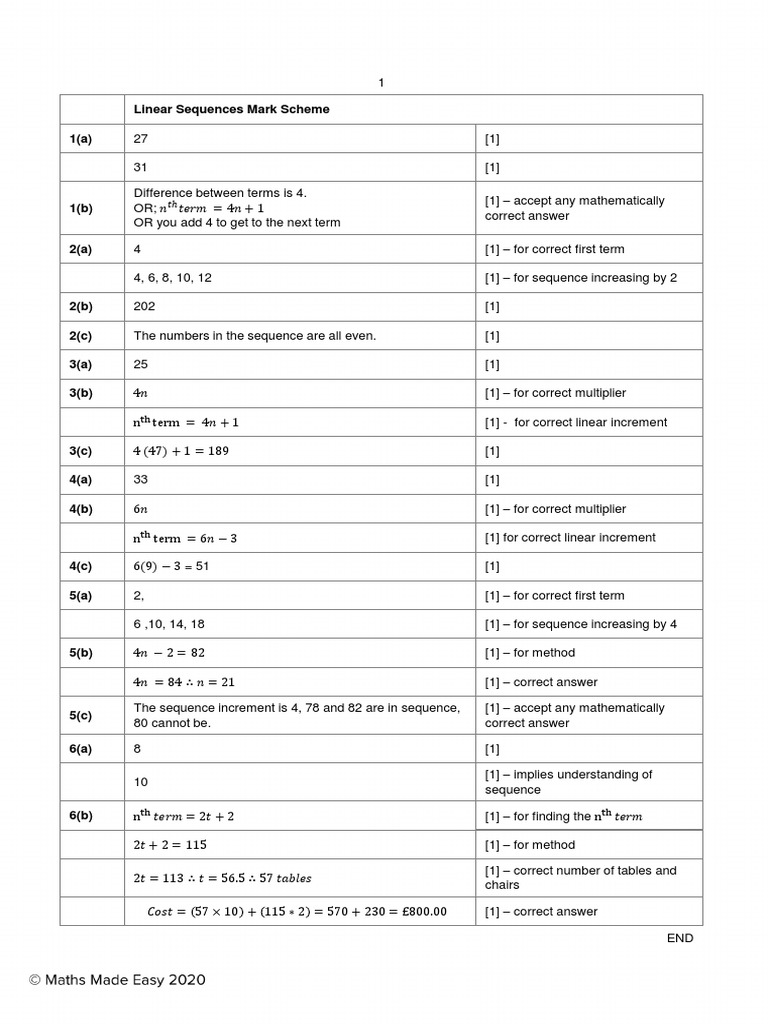 Linear Sequences Mark Scheme | PDF | Mathematics | Mathematical Analysis