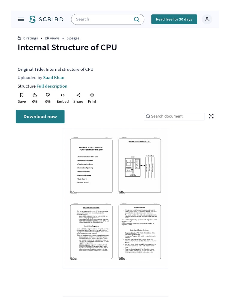 Internal Structure of CPU - PDF - Central Processing Unit - Integrated ...