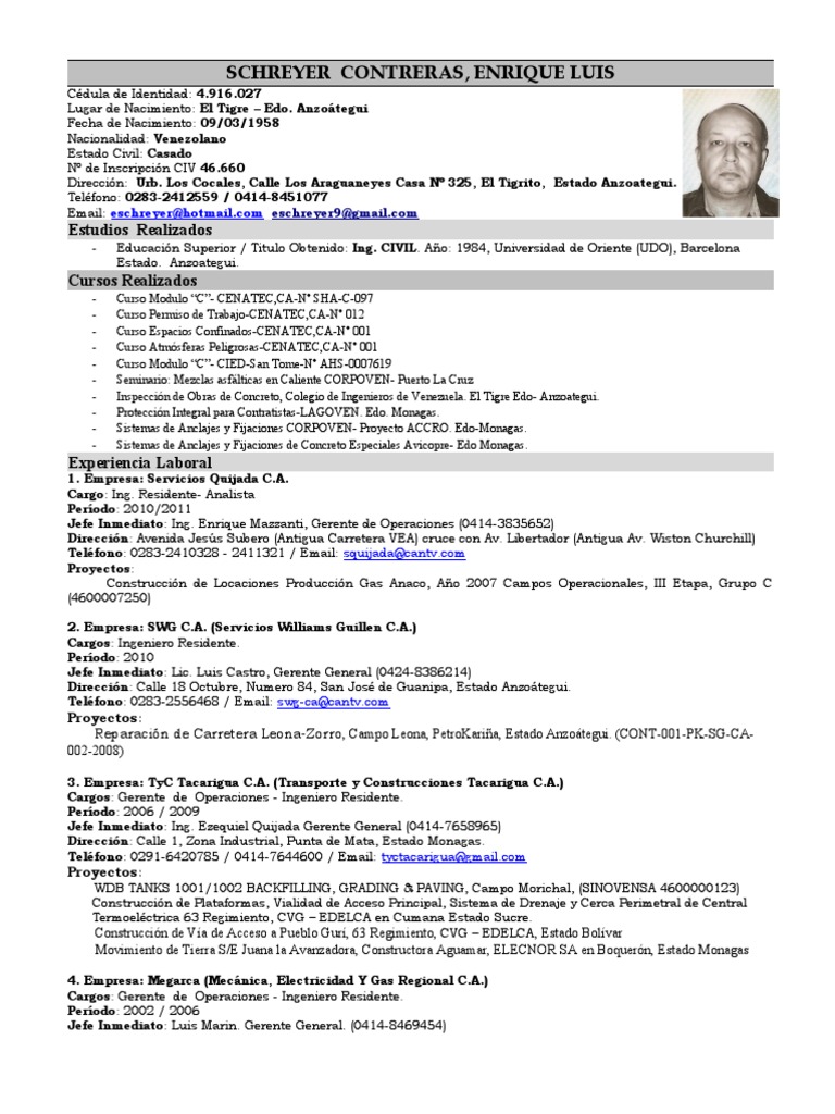 Curriculum Ingeniero Residente | PDF | Electricidad | Ingenieria Eléctrica