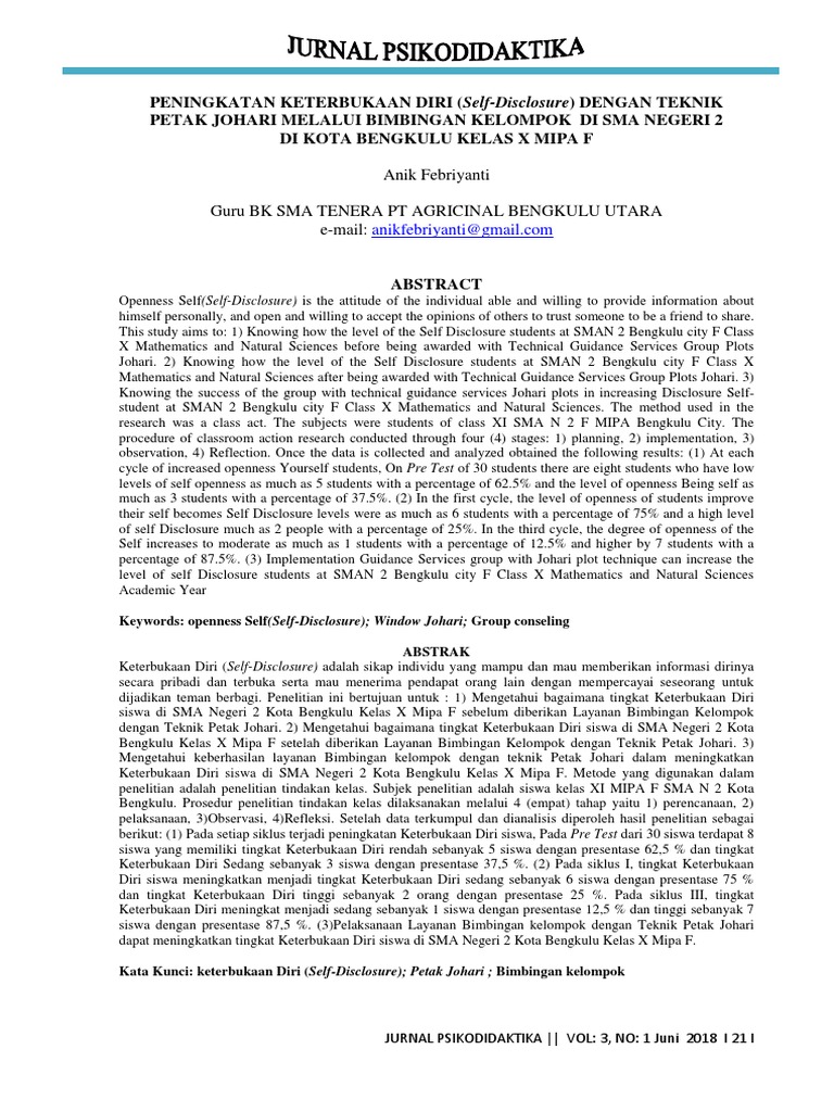 Peningkatan Keterbukaan Diri (Self-Disclosure) Dengan Teknik Petak Johari Melalui Bimbingan ...