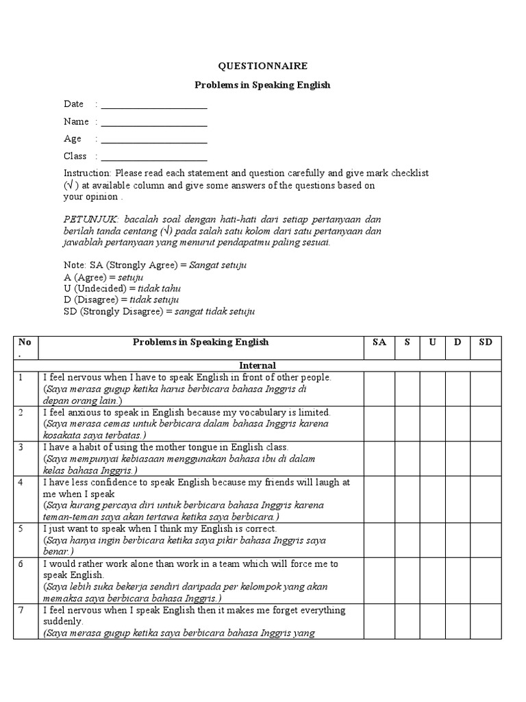 Questionnaire Speaking | PDF