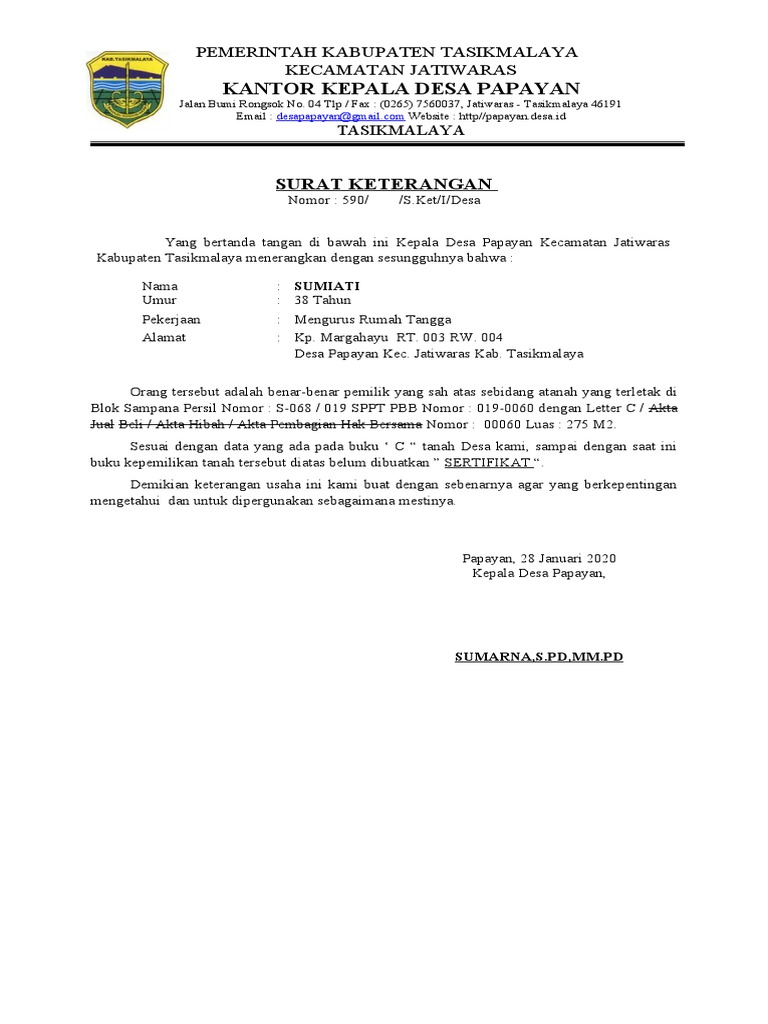 Contoh Surat Keterangan Letter C Tanah | PDF