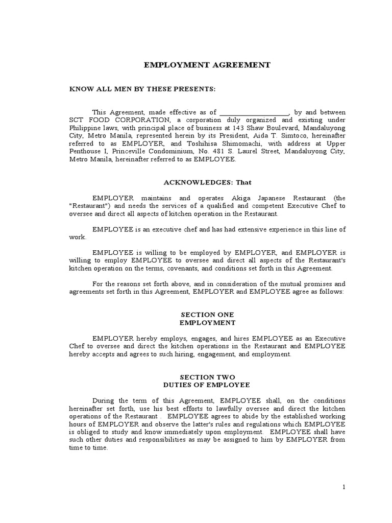 Employment Agreement | PDF | Employment | Sick Leave