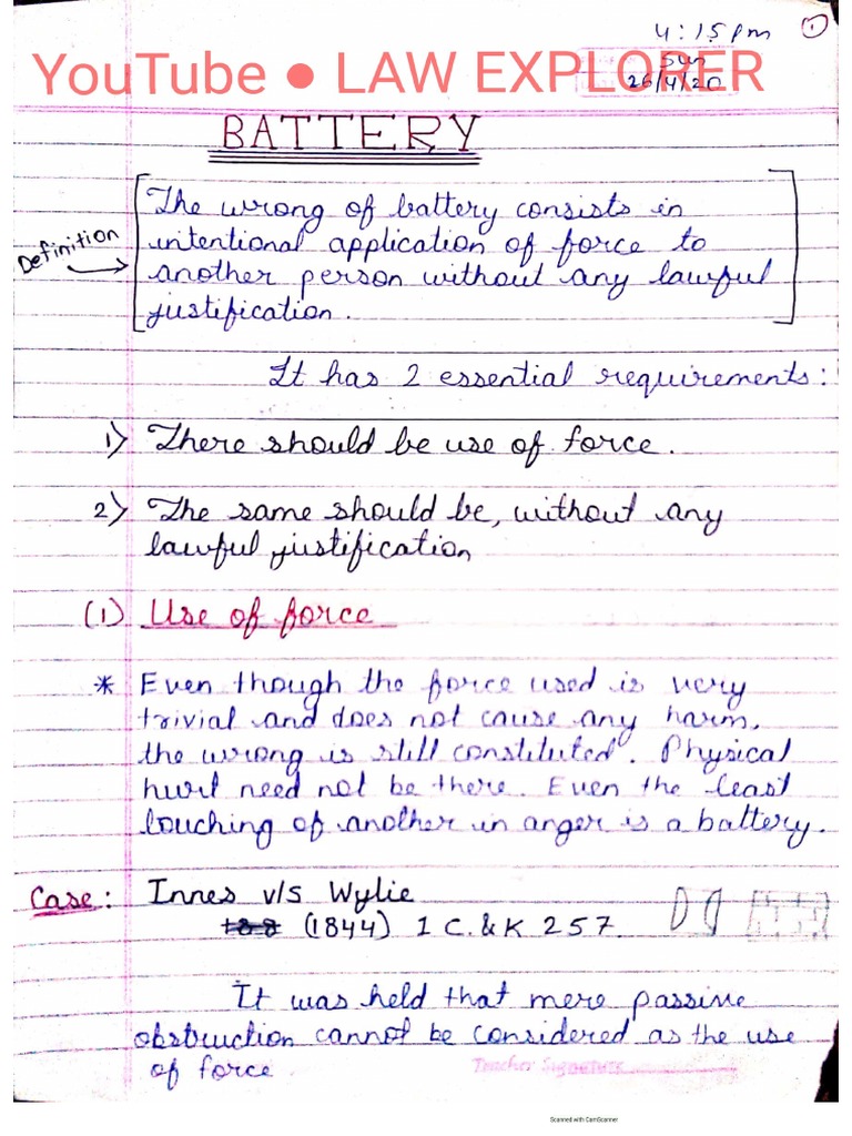 Battery Notes (Law of Torts) Youtube - Law Explorer | PDF