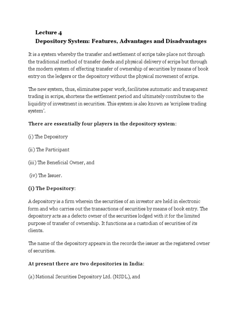Depository System Features, Advantages and Disadvantages | PDF ...