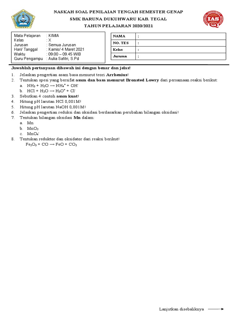 Soal Pts Genap Kimia X | PDF | Kajian Bahasa Asing | Sains & Matematika