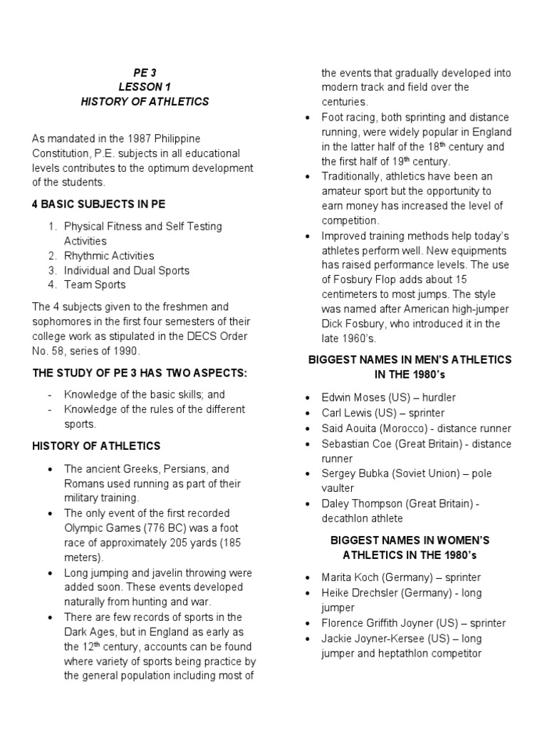 PE3 Lesson 1 History of Athletics: 4 Basic Subjects in Pe | PDF | Track ...