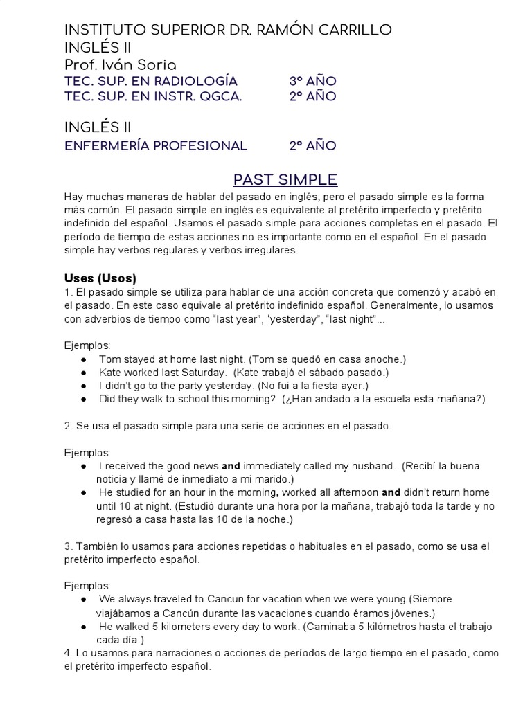 PAST SIMPLE - Ficha de Cátedra | PDF | Verbo | Lingüística