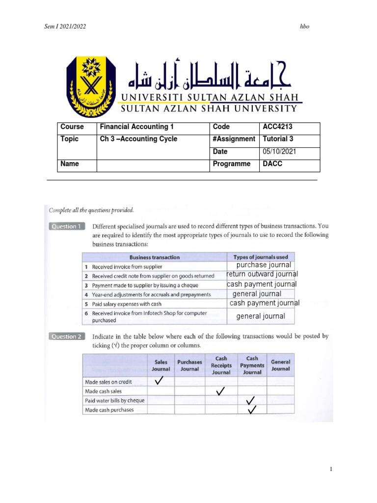Tutorial 3 FA1 Accounting Cycle - JAWAPAN | PDF | Private Law | Balance Sheet