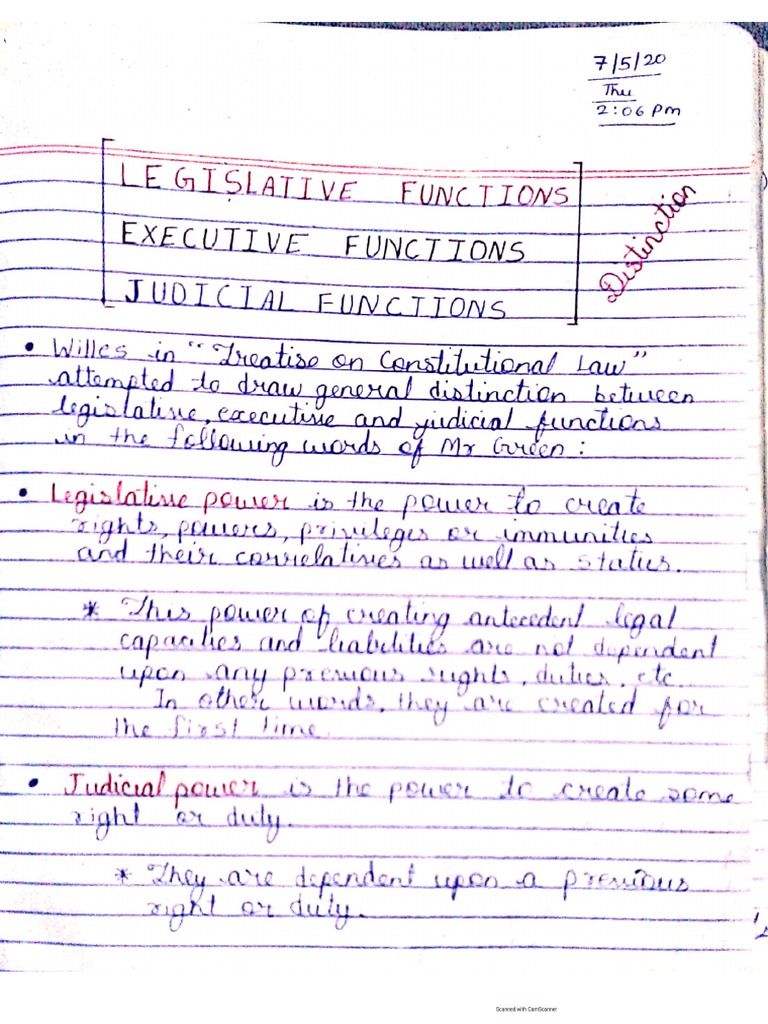 Handwritten Notes Legislative Executive & Judicial Functions Difference ...