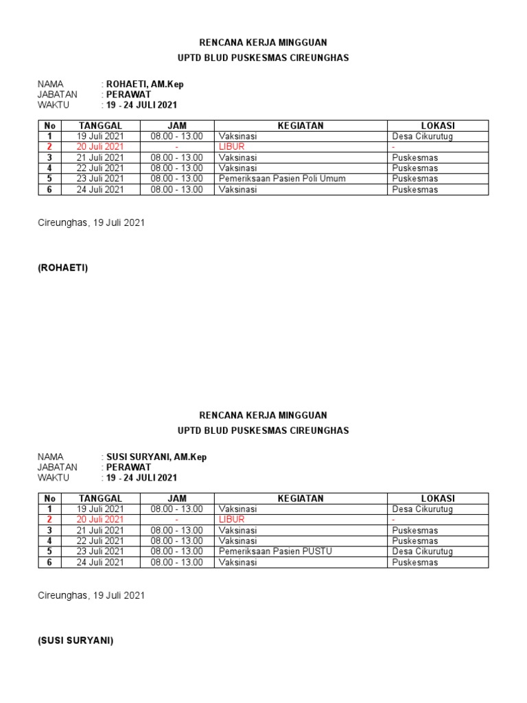 Rencana Kerja Mingguan PERAWAT | PDF