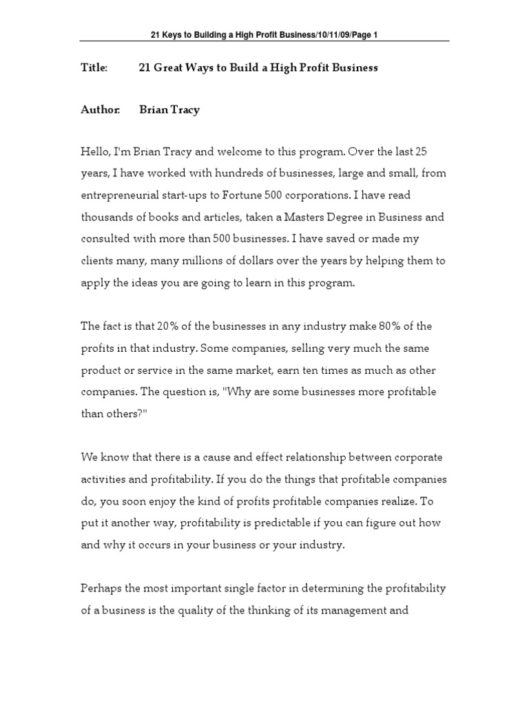 Brian Tracy 21 Great Ways To Build A High Profit Business Pdf
