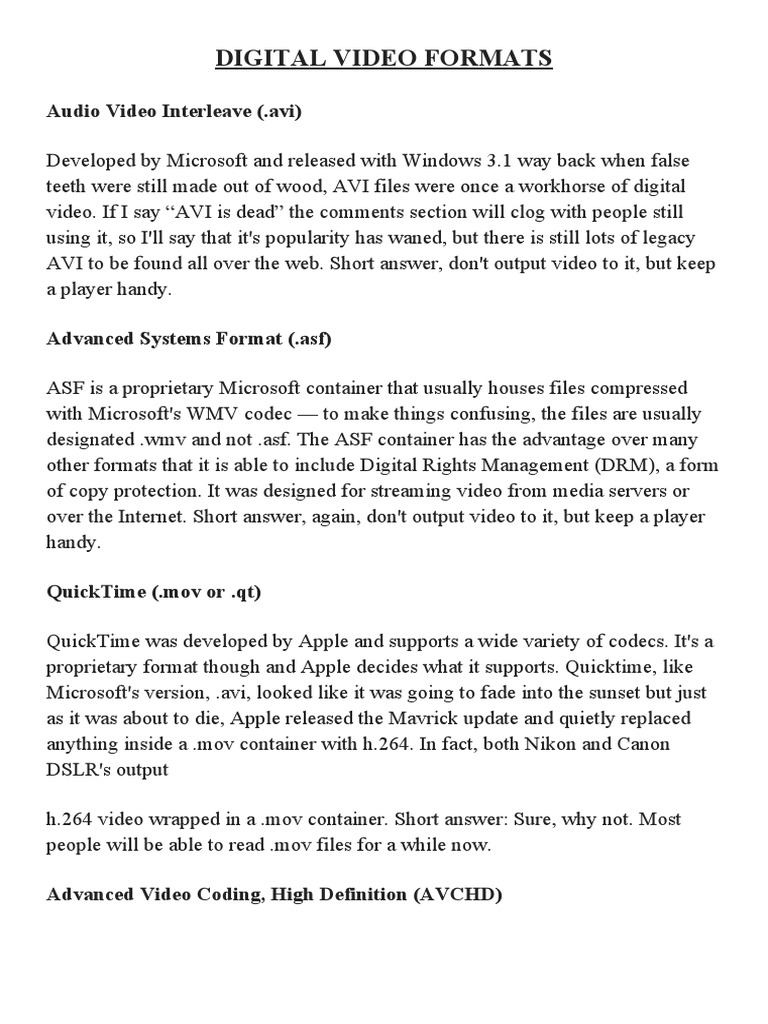 Digital Video Formats: Audio Video Interleave (.Avi) | PDF | Adobe ...