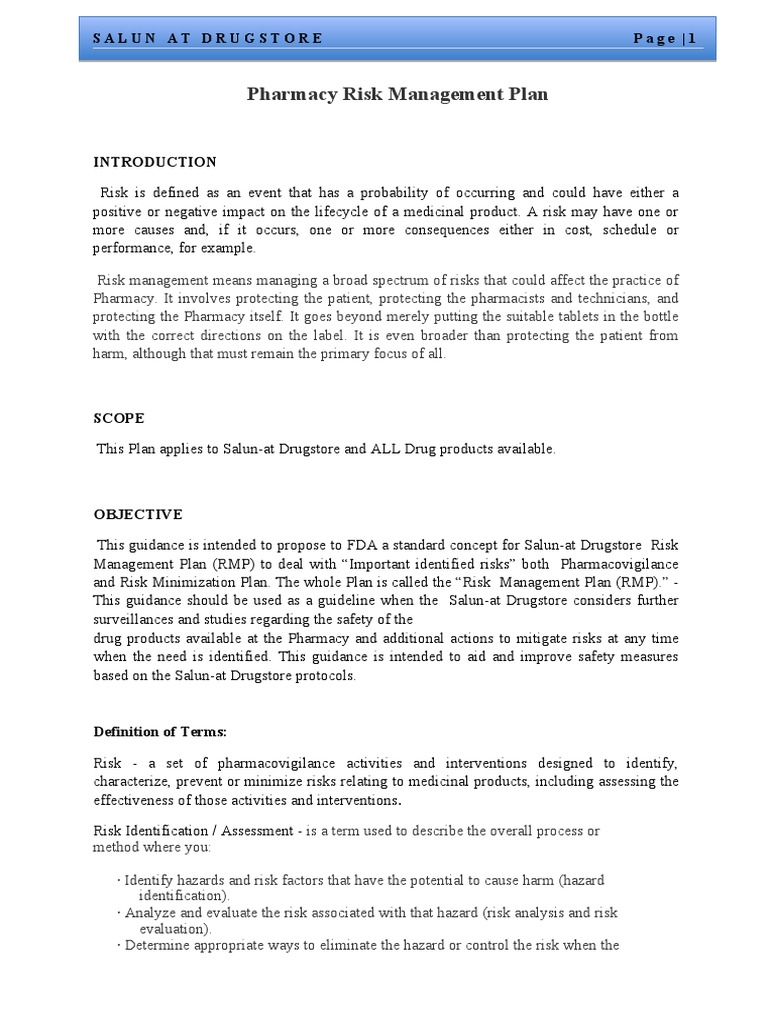 Pharmacy Risk Management Plan: Salun at Drugstore Page - 1 | PDF ...