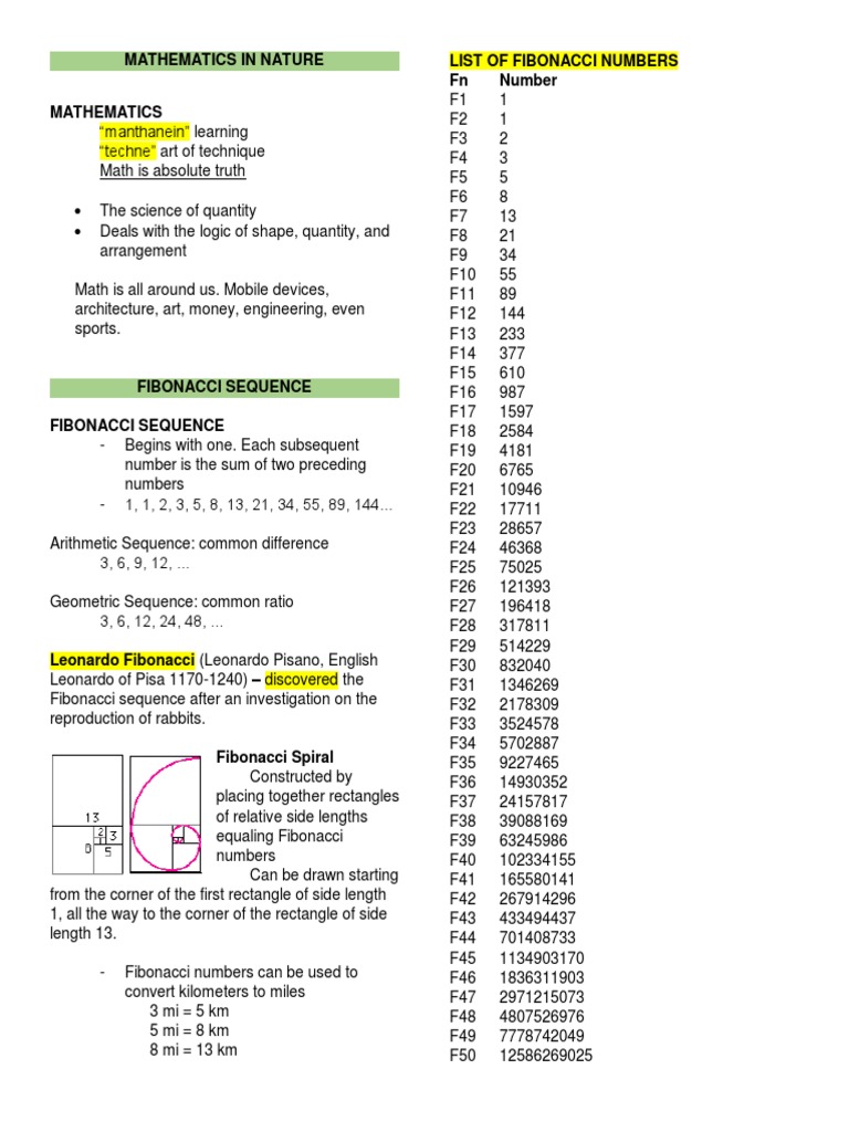 Mathematics in Nature List of Fibonacci Numbers FN Number | PDF ...