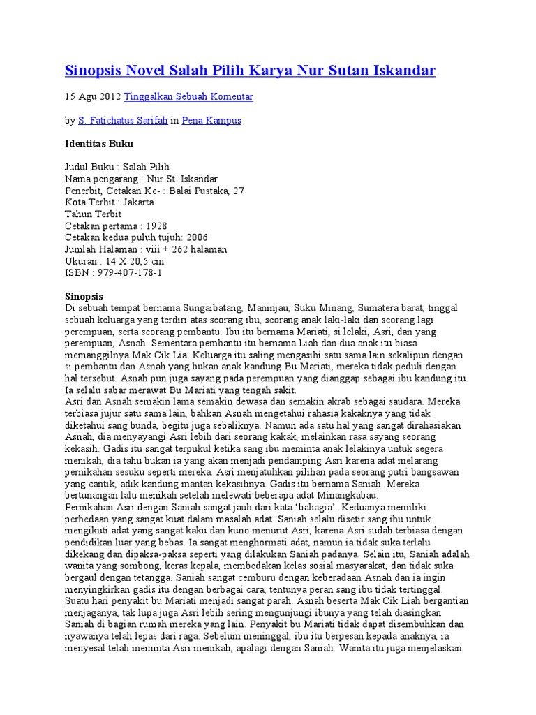 Novel Salah Pilih Karya Nur Sutan | PDF | Agama & Spiritualitas | Fiksi Misteri, Thriller ...