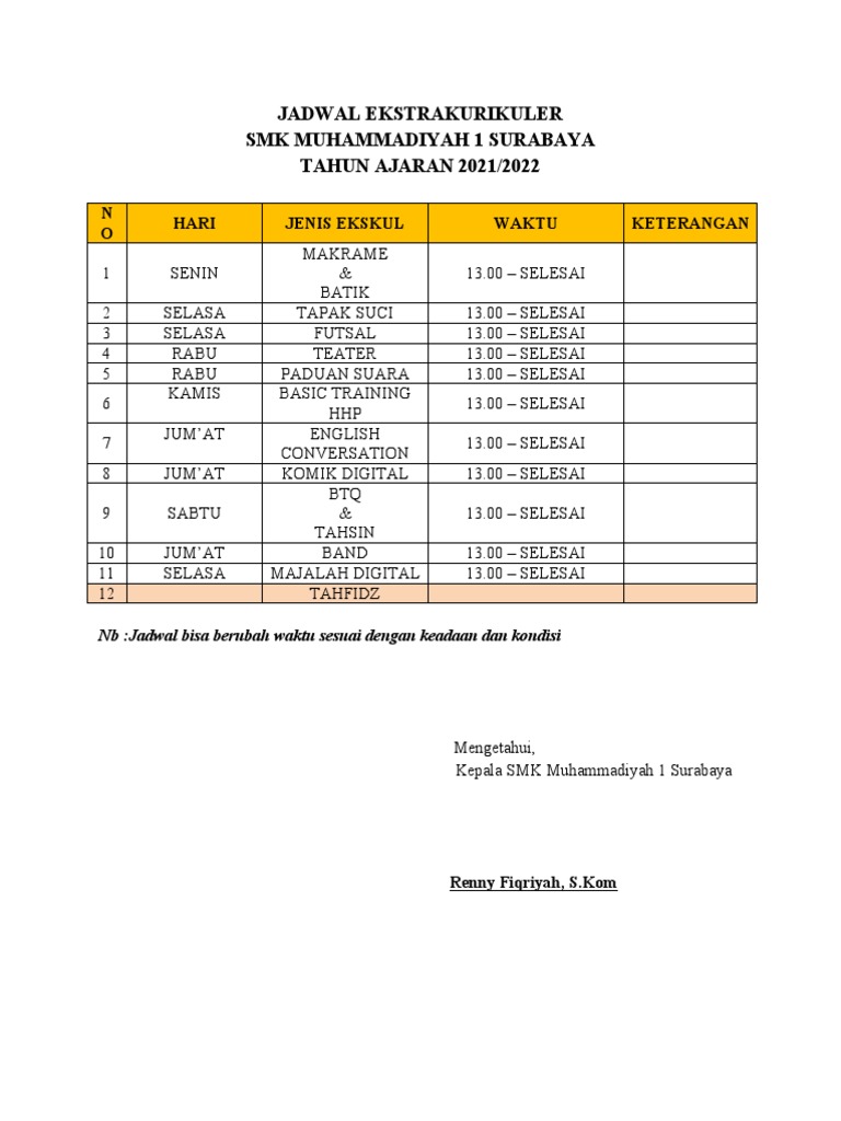 Jadwal Ekstrakurikuler | PDF