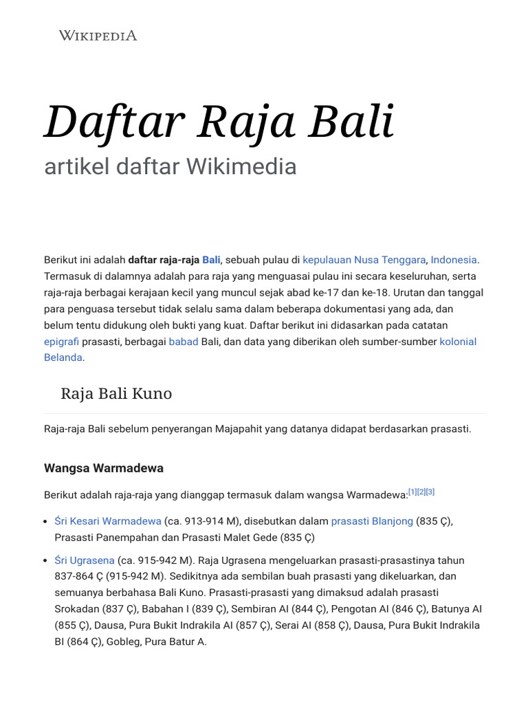 Daftar Raja Bali - Wikipedia Bahasa Indonesia, Ensiklopedia Bebas | PDF