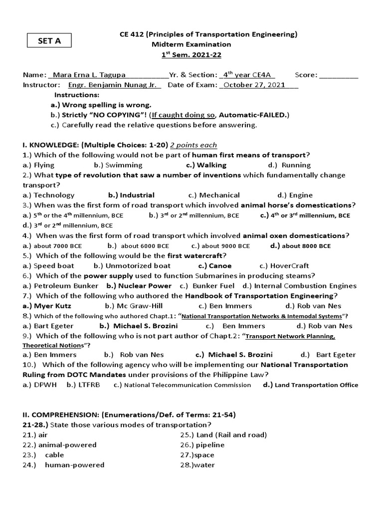 Transportation Engineering Midterm Exam | PDF | Track (Rail Transport ...