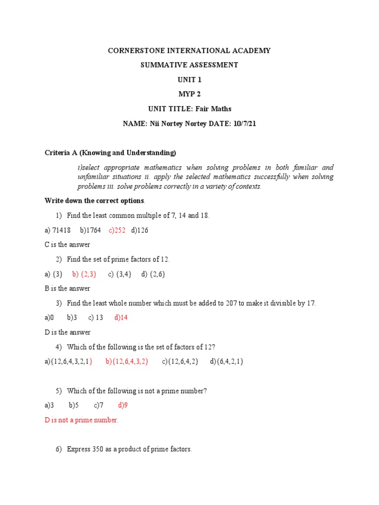 Task 1 Maths Summative Assessment Myp Year 2 | PDF