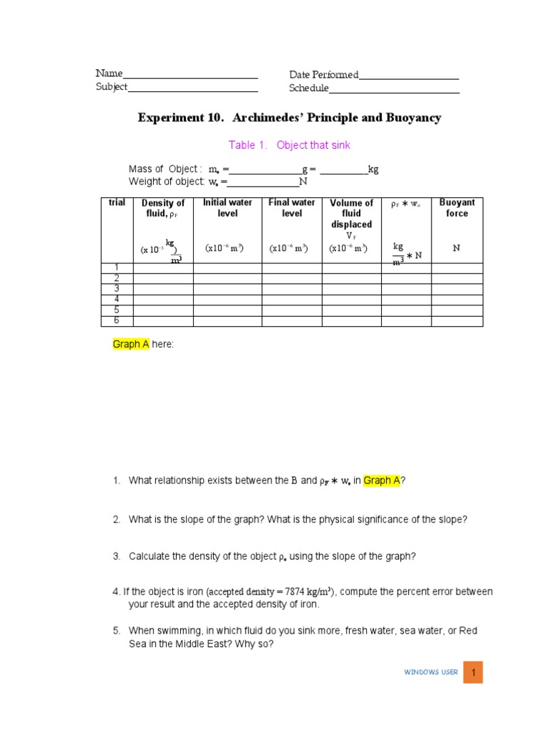 Worksheet No. 10 | PDF | Buoyancy | Density