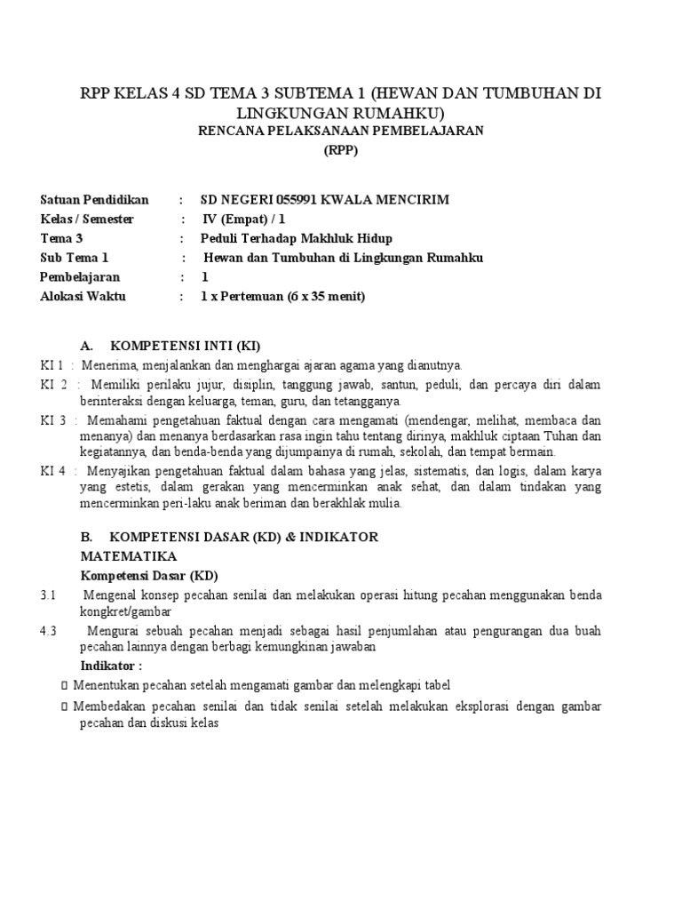 RPP Kelas 4 SD Tema 3 Subtema 1 | PDF | Seni & Disiplin Bahasa