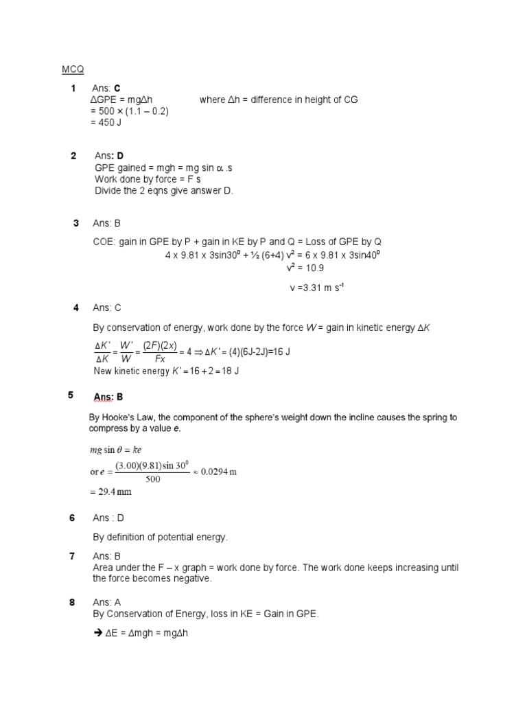 Work Energy Power Answers Final | PDF | Force | Potential Energy