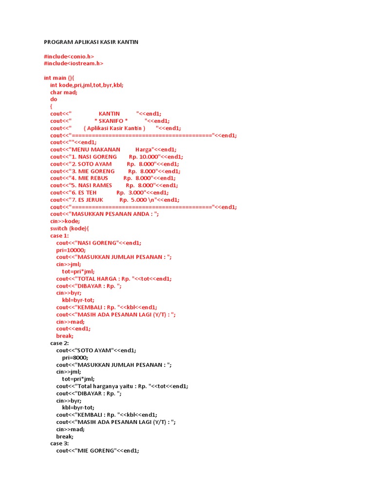 Coding PROGRAM APLIKASI KASIR KANTIN | PDF