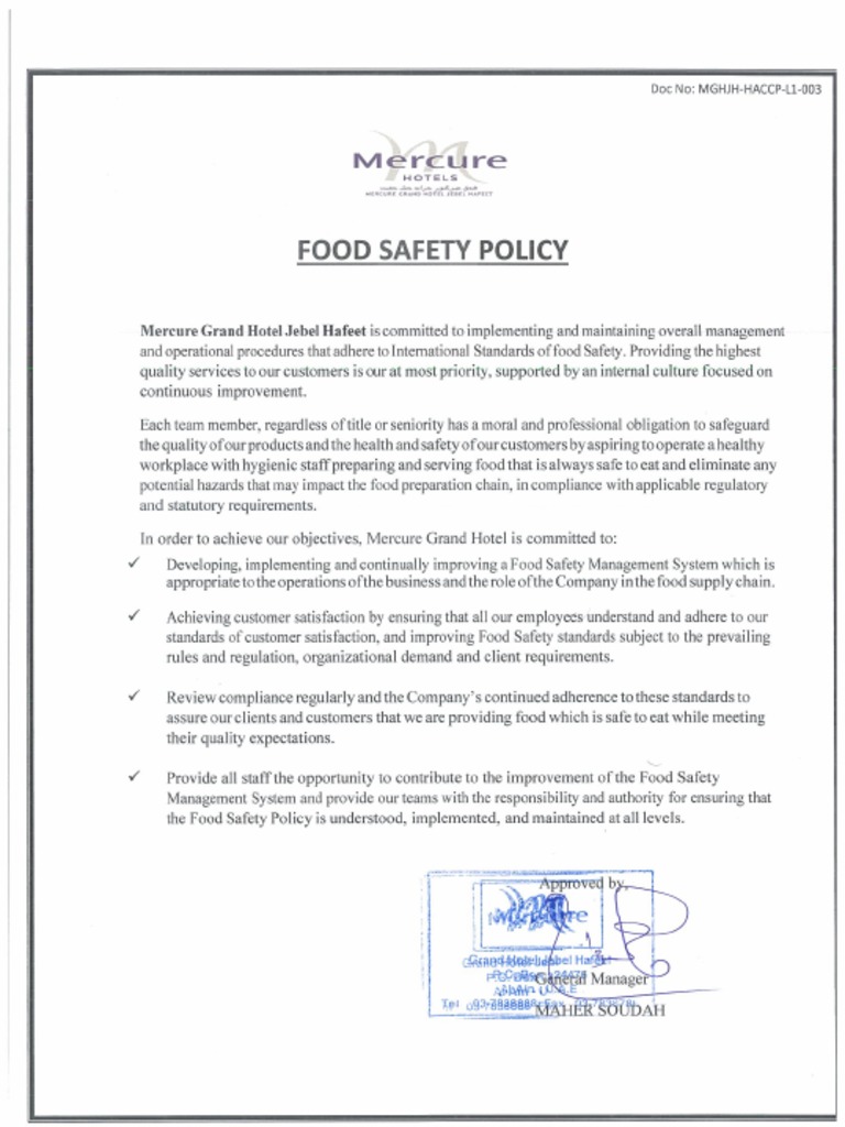 Food Safety Policy | PDF