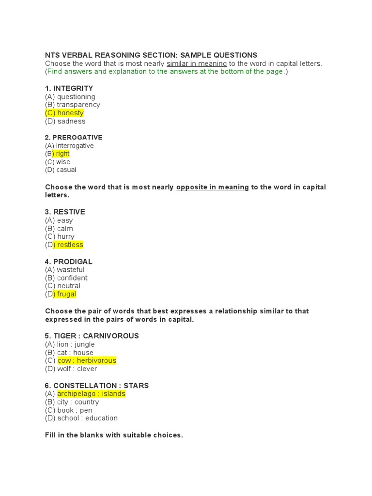 NTS Verbal Reasoning Section | PDF | Learning