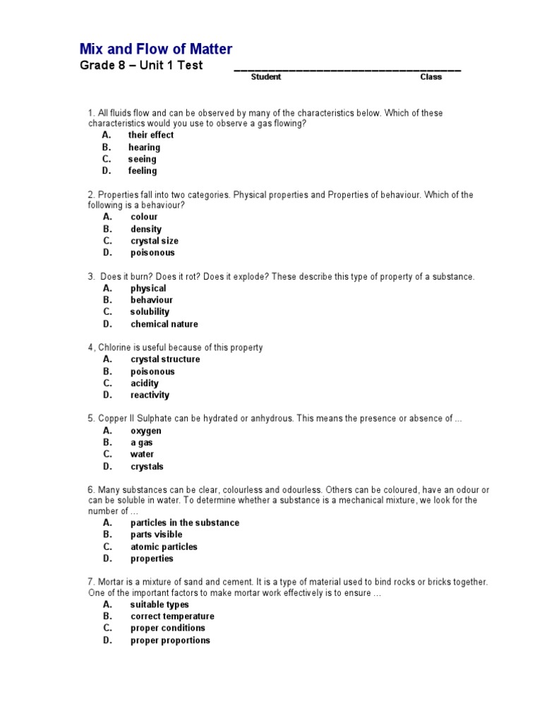 Grade 8 Mix and Flow of Matter Test | PDF | Buoyancy | Matter