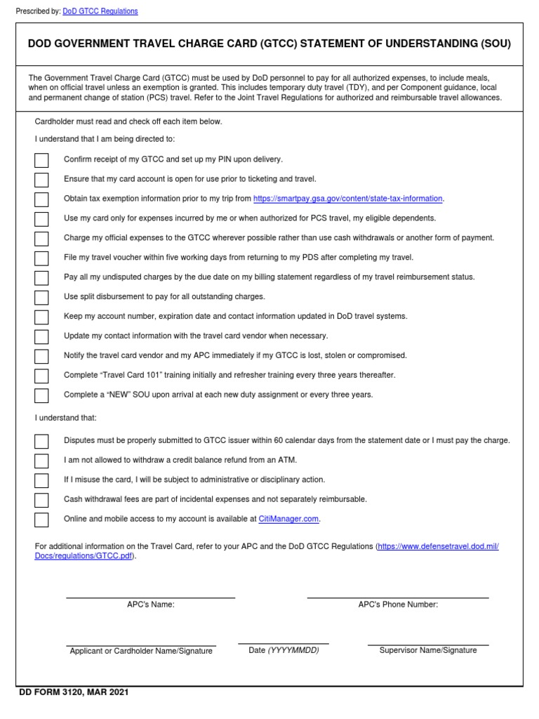 Dod Government Travel Charge Card (GTCC) Statement of Understanding ...