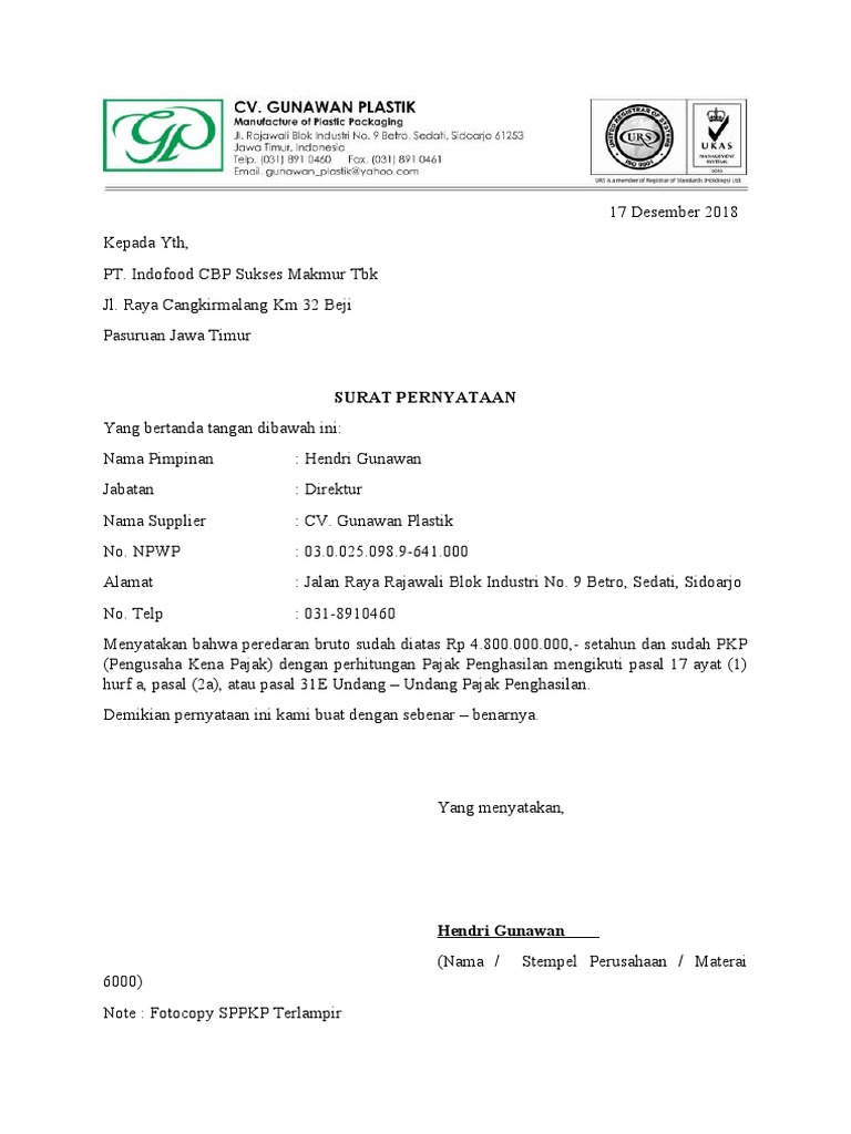 Surat Pernyataan PKP CV. Gunawan Plastik | PDF | Bisnis | Pengelolaan ...