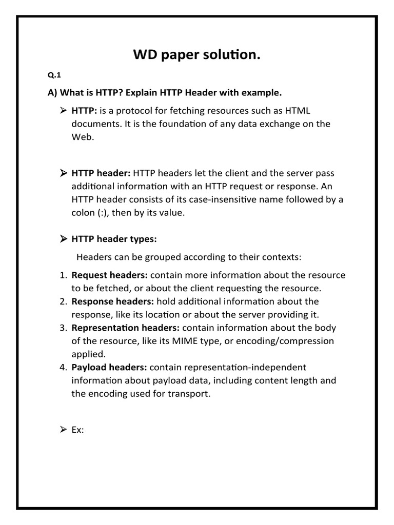 WD Paper Solution.: A) What Is HTTP? Explain HTTP Header With Example ...