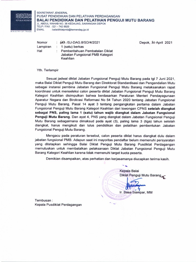 Surat Pembatalan Diklat Fungsional PMB Keahlian | PDF