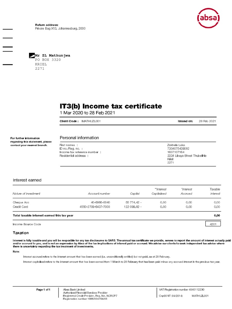 IT3 (B) Income Tax Certificate: MR ZL Mathunjwa | PDF | Taxes | Interest