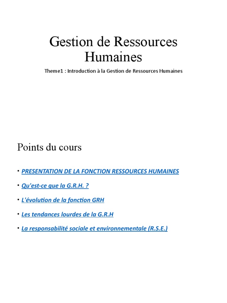 Introduction à la GRH et Évolution | PDF | Gestion des ressources ...