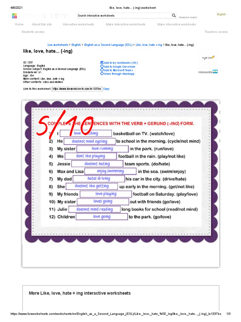 Like, Love, Hate... (-Ing) Worksheet | PDF | English As A Second Or ...