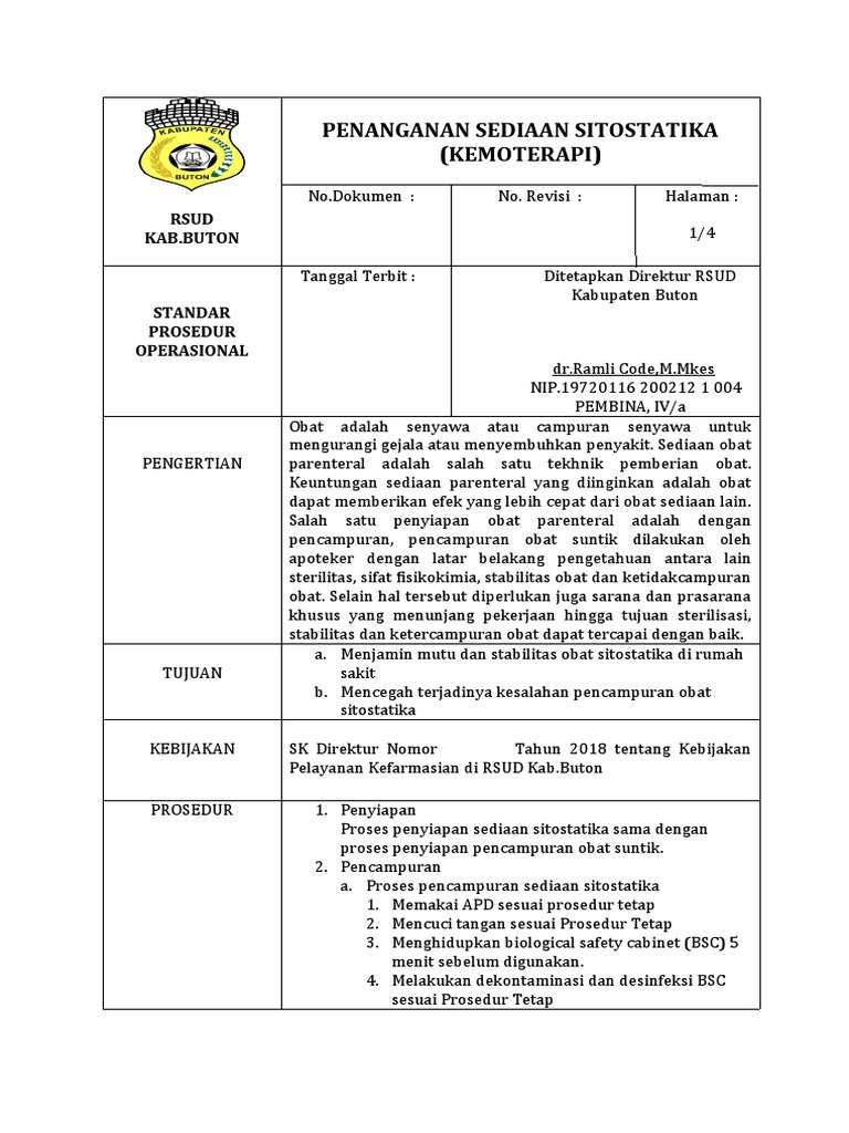SOP Penanganan Sediaan Sitostatika | PDF