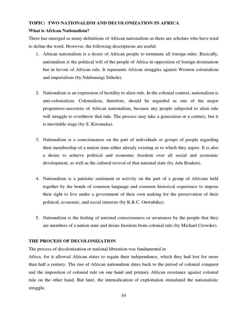 Topic: Two Nationalism and Decolonization in Africa What Is African ...