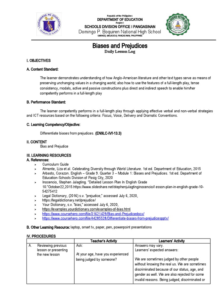 Biases and Prejudices: Domingo P. Boquiren National High School | PDF ...